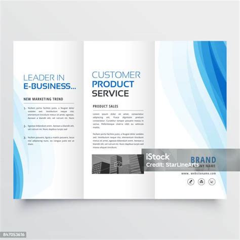 파란색 물결 모양 Trifold 브로셔 디자인 서식 파일 책자에 대한 스톡 벡터 아트 및 기타 이미지 책자 비즈니스 3단 브로슈어 Istock
