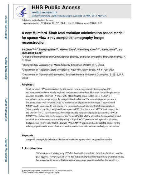 Pdf A New Mumford Shah Total Variation Minimization Based Model For Sparse View X Ray Computed