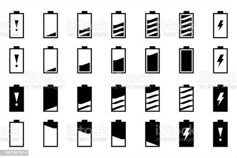 배터리 아이콘 세트입니다 배터리 충전 수준 벡터 아이콘입니다 배터리 충전 표시 간단한 블랙 화이트 그림입니다 0명에 대한 스톡 벡터 아트 및 기타 이미지 Istock