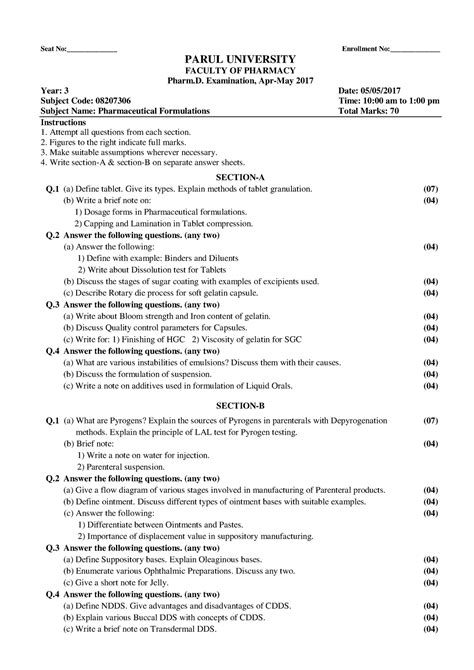 08207306 188 Question Paper Seat No Enrollment No Parul