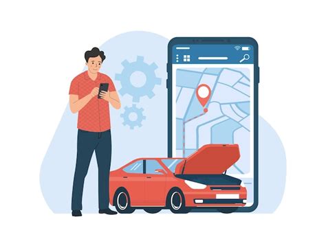 길가 지원 서비스 개념 자동차 정비사 벡터 일러스트 레이 션을 호출하는 남자 프리미엄 벡터