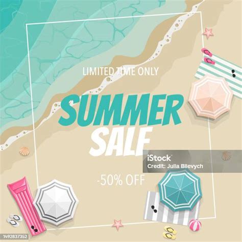 여름 세일 배너 비치 리조트 파노라마에는 다채로운 비치 파라솔 수건 서핑보드가 있습니다 가격에 대한 스톡 벡터 아트 및 기타 이미지 가격 계절 관광 리조트 Istock