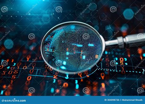 Authentication Synergy Magnifying Glass Inspects Biometrics With Binary Code Backdrop Stock