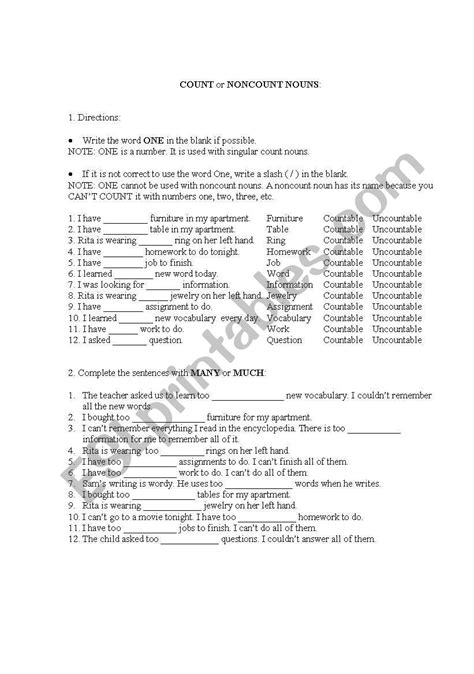 COUNT AND NONCOUNT NOUNS ESL Worksheet By Vcjr