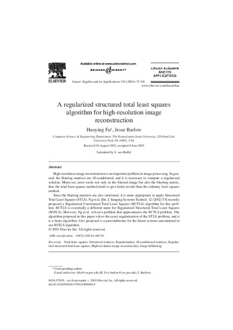 Pdf A Regularized Structured Total Least Squares Algorithm For High