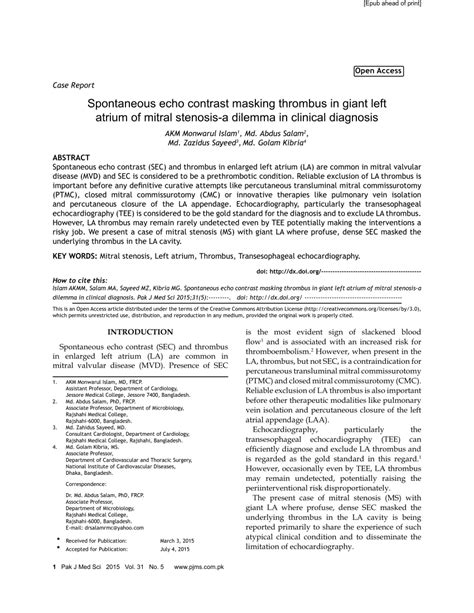 Pdf Spontaneous Echo Contrast Masking Thrombus In Giant Left Atrium Of Mitral Stenosis A