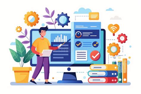 A Person Demonstrates Software Code Testing Using Charts And Gear Icons With Vibrant Flat