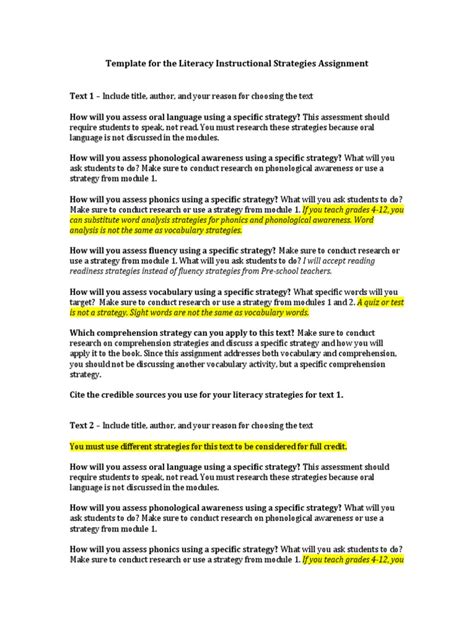 Template For The Literacy Instructional Strategies Assignment Pdf Phonics Reading