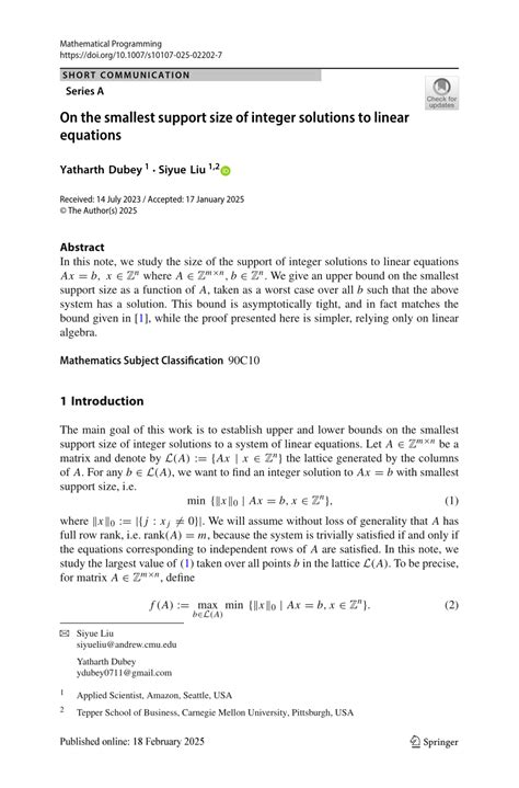 Pdf On The Smallest Support Size Of Integer Solutions To Linear Equations