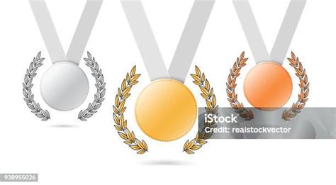 월계관 화 환을 리본에 메달의 설정 골드 실버 및 브론즈 메달입니다 1위에 대한 스톡 벡터 아트 및 기타 이미지 1위 Championship 경쟁 Istock
