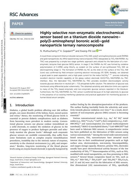 Pdf Highly Selective Non Enzymatic Electrochemical Sensor Based On A Titanium Dioxide Nanowire