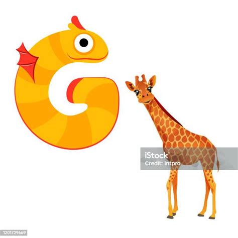 벡터 귀여운 유치한 만화 영어 알파벳 편지 G 지라프피와 함께 가상의 캐릭터와 같은 편지 플랫 스타일 벡터 일러스트레이션 0명에