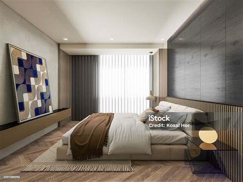 침실의 인테리어 디자인 모형 현대적인 디자인의 고급스러운 아파트 배경에는 흰색과 갈색 침구가 놓인 침대와 기하학적 패턴의 예술품이 있습니다 3d 렌더링 0명에 대한 스톡