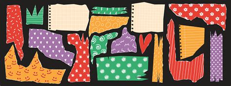 재미있는 패턴이 있는 들쭉날쭉한 가장자리가 있는 찢어진 종이 프레임 콜라주를 위한 트렌디한 요소 벡터 일러스트 레이 션 개체 그룹에 대한 스톡 벡터 아트 및 기타 이미지