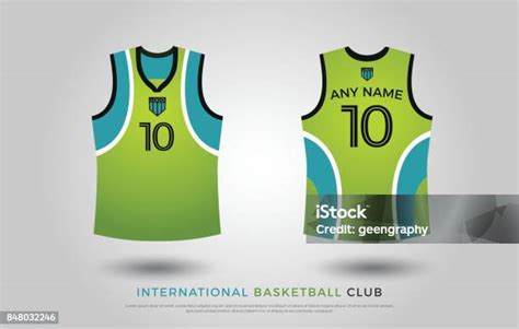 농구 T 셔츠 디자인 유니폼 세트 키트입니다 농구 저지 템플릿입니다 녹색 및 파랑 색상 전면 및 후면 셔츠를 비웃는 다 농구 또는 배구 클럽 벡터 일러스트 레이 션