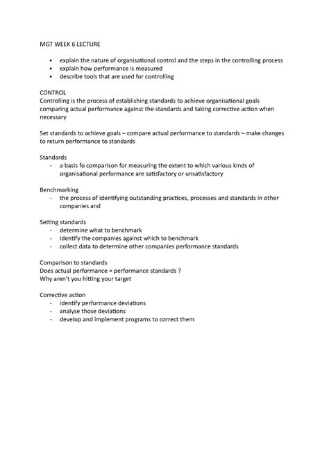 Mgt Week 6 Lecture Notes Mgt Week 6 Lecture Explain The Nature Of Organisational Control And