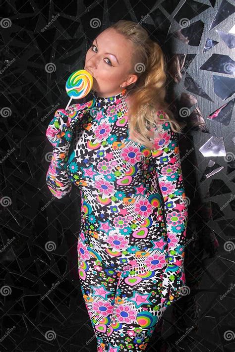 Club Party Girl In Acid Anime Style Spandex Jumpsuit On Black