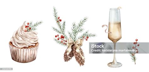 새해 전나무 가지와 빨간 열매 Ilex 또는 호랑가시나무 세트 수채화 그림 손으로 그린 크리스마스 케이크와 샴페인 활과 소나무 가지가 있는 고립된 솔방울 무리 샴페인 와인에