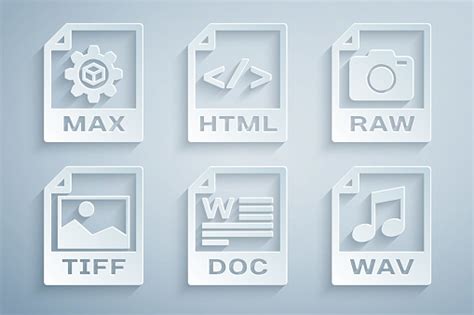 Doc 파일 문서 Raw Tiff Wav Html 및 Max 아이콘을 설정합니다 벡터 3차원 형태에 대한 스톡 벡터 아트 및 기타 이미지 Istock