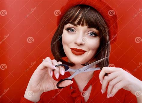 Portrait Of A Girl In Glasses With Scissors In Her Hands Stock Image Image Of Fashion Smooth