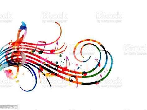 음악 노트 고립 벡터 일러스트와 다채로운 음악 홍보 포스터 음악 쇼 라이브 콘서트 이벤트 파티 전단지 템플릿을위한 음악 직원과 예술적 추상적 배경 합창단에 대한 스톡 벡터