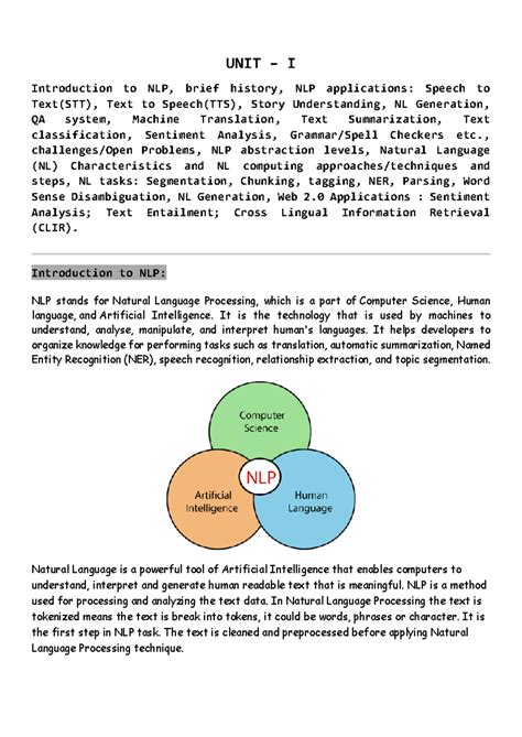 NLP Unit I Notes UNIT I Introduction To NLP Brief History NLP Applications Speech To