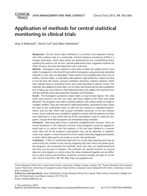 Pdf Application Of Methods For Central Statistical Monitoring In Clinical Trials