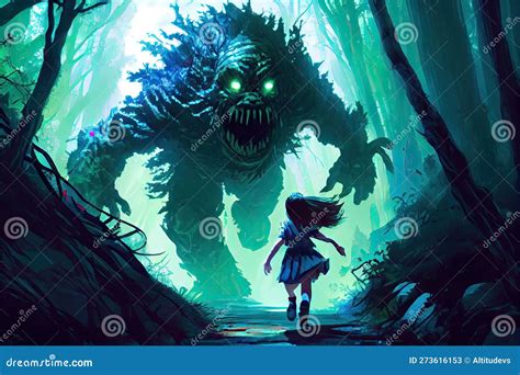 Girl Being Chased By Monster Runs Through Magical Forest Stock
