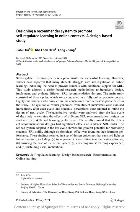 Designing A Recommender System To Promote Self Regulated Learning In Online Contexts A Design