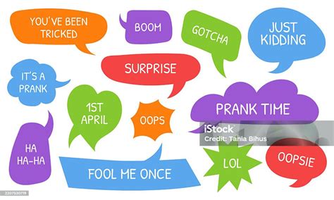 만우절을 위한 재미있는 문구가 있는 다채로운 말풍선 벡터 일러스트 레이 션 Animated Feature Film Genre에 대한 스톡 벡터 아트 및 기타 이미지