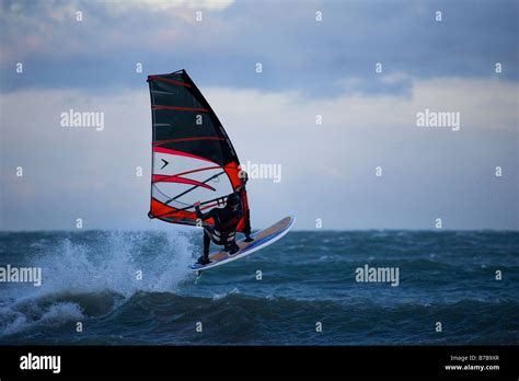 Windsurfer Flies Through The Air Dollymount Beach Bull Island Dublin