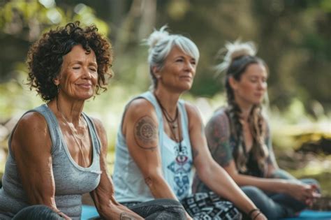 Group Of Mature Female Friends On Outdoor Yoga Retreat Premium Ai
