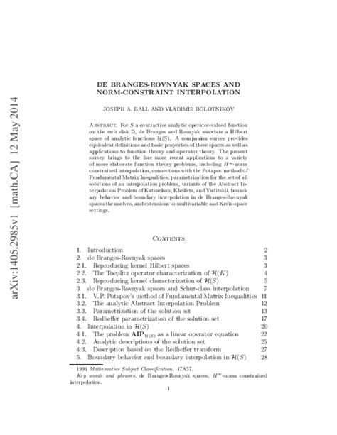 Pdf De Branges Rovnyak Spaces And Norm Constraint Interpolation Joseph Ball