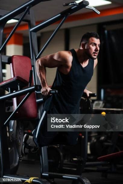 체육관에서 운동 하는 동안 근육 남자 열차 평행 봉에서 삼 두 근 체육관에 대한 스톡 사진 및 기타 이미지 체육관 체조