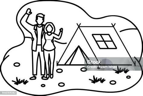 여름 캠프 개념을 즐기는 귀여운 커플 좋은 시간 벡터 개요 아이콘 디자인을 가진 친구들과 휴일 야외 주말 활동 기호 관광 휴가 장면 기호 휴가 그림에서 행복한 사람들 캠핑에