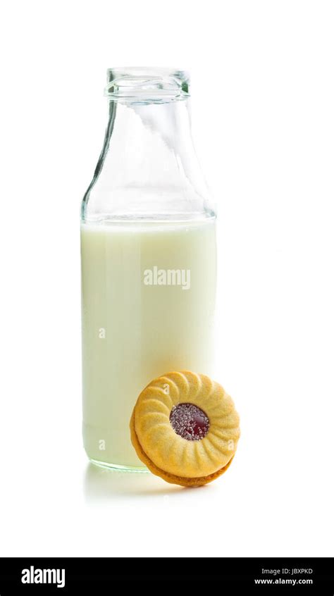 Jam Ring Biscuits And Bottle Of Milk Isolated On White Background Stock