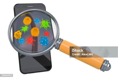 스마트 폰 돋보기 아래 바이러스와 박테리아와 휴대 전화 3d 렌더링 휴대전화에 대한 스톡 사진 및 기타 이미지 휴대전화 박테리아 비위생적 Istock