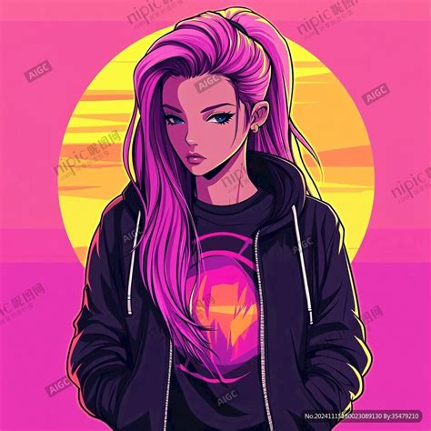 Ai创作图粉色头发少女 粉色头发女孩 潮酷卡通人物图案 赛博朋克潮流人物 酷帅潮流插画 酷女孩插画 粉红色的蒸汽波 粉色长发 蒸汽波美学 潮酷人物 美漫风 粉色头发少女头像 潮牌女孩 动漫风格