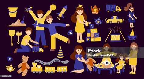 유치원 어린이 놀이와 보모의 벡터 세트 유치원 장난감 가게 베이비 시터 학교용 일러스트 디자이너 어두운 배경에 고립 된 어린이와 장난감의 컬렉션 Theatrical
