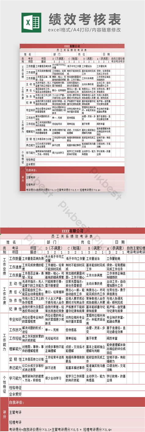 เทมเพลตตารางการประเมินผลการปฏิบัติงานของพนักงาน เทมเพลต เทมเพลต Excel แบบ Xls ดาวน์โหลดฟรี Pikbest