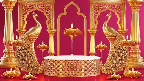 디왈리 축제 디파발리 또는 디왈리를 위한 3d 렌더링 연단은 연단에 금색 디야가 있고 컬러 배경에 무늬가 있고 수정이 있는 빛의