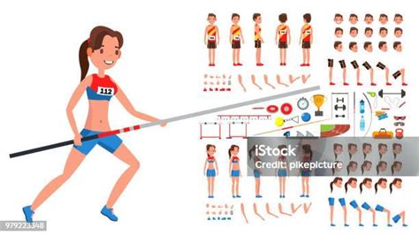 육상 선수 남성 여성 벡터입니다 선수 애니메이션 문자 만들기 세트 남자 여자 전체 길이 전면 측면 후면 액세서리 포즈 얼굴 감정 몸짓 플랫 만화 일러스트 레이 션 개인