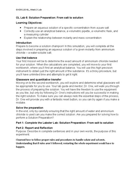 OL Lab Solution Preparation From Salt To Solution CHEM OL Week Lab OL Lab Solution