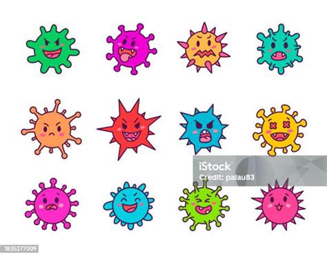 바이러스 Kawaii 세균 감염과 미생물의 귀여운 만화 캐릭터 손으로 그린 스타일입니다 벡터 그리기 디자인 요소 모음 가공의 인물에 대한 스톡 벡터 아트 및 기타 이미지