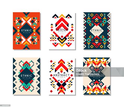 민족 스타일 카드 템플릿 세트입니다 밝은 추상 배너 브로셔 포스터 표지 전단지 디자인 만화 벡터 일러스트 레이 션 0명에 대한 스톡 벡터 아트 및 기타 이미지 Istock
