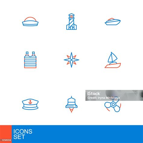 세트 라인 보트 프로펠러 선박 종 선장 모자 요트 범선 줄무늬 선원 티셔츠 바람 장미 스피드 보트 및 등대 아이콘 벡터 나침반에