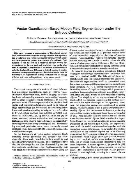 Pdf Vector Quantization Based Motion Field Segmentation Under The