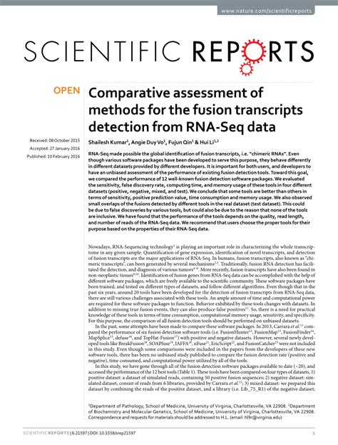 Pdf Comparative Assessment Of Methods For The Fusion Transcripts Detection From Rna Seq Data