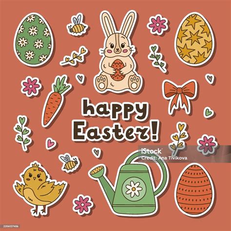 사랑스러운 낙서 행복한 부활절과 봄 스티커 플래너 노트북을 위한 세트 푹신푹신한 토끼 병아리 흔들리는 날개 색칠 된 달걀 활의 만화 개요 낙서가있는 귀여운 스티커 목록을