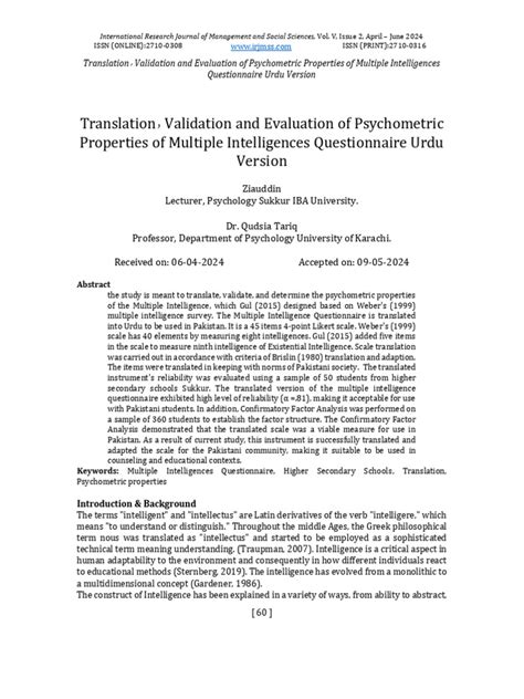 Translation Validation And Evaluation Of Psychometric Pdf Intelligence Psychometrics